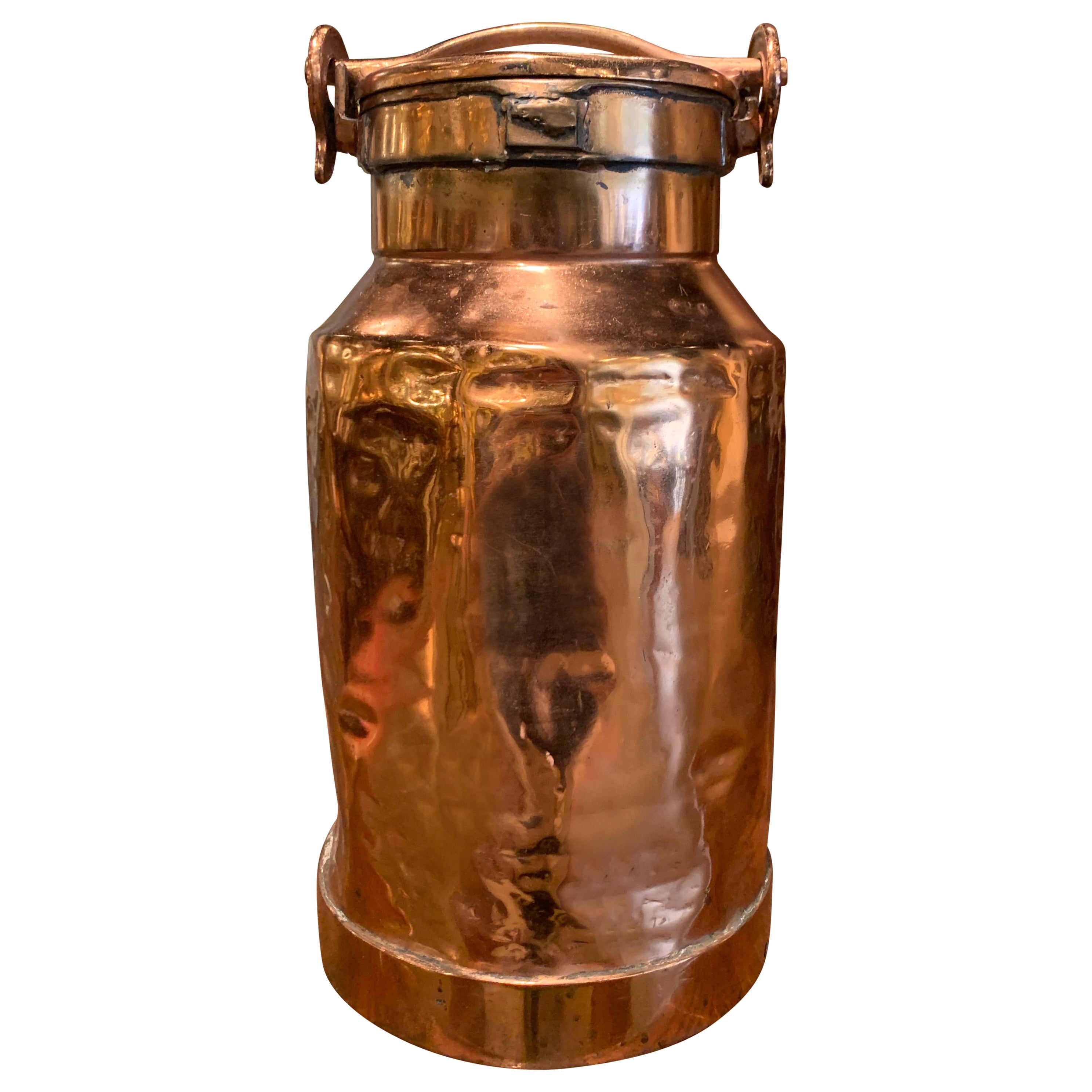 19th Century French Patinated Brass Milk Container with Handle and Lid ...