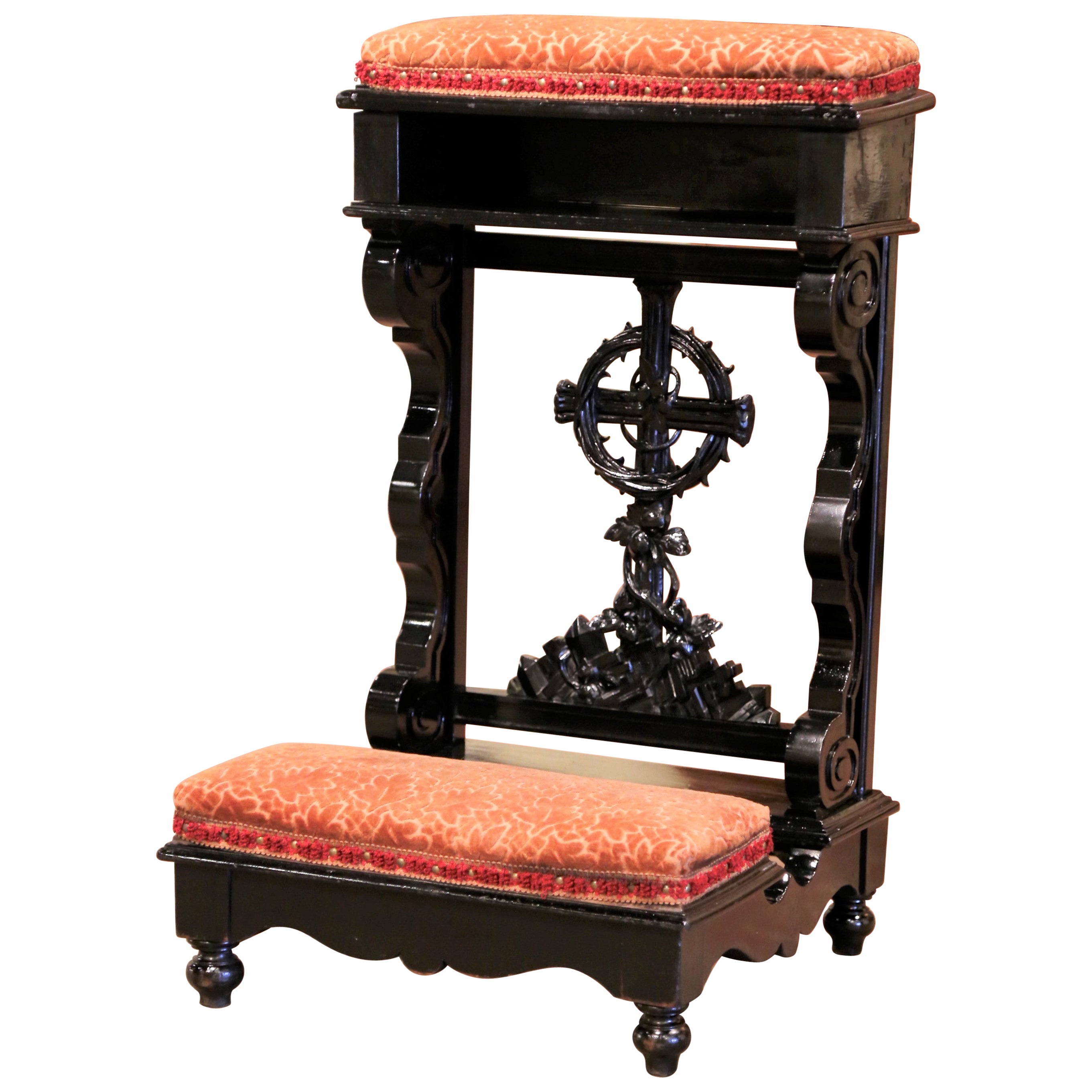 19th Century French Gothic Carved Oak and Velvet Prayer Kneeler Chair ...