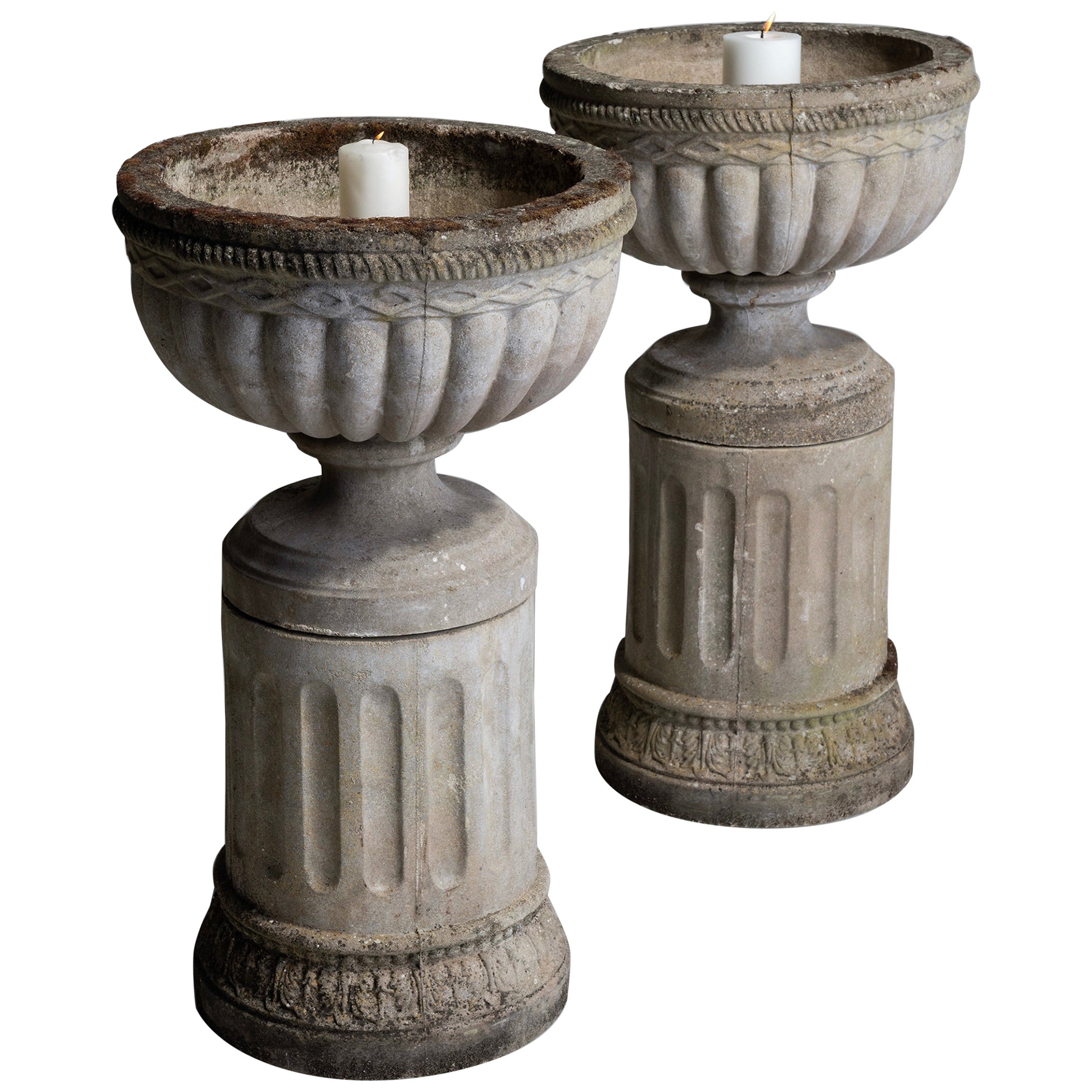 Pair of Cast Stone Garden Urns with Lovely Worn Painted Finish at 1stDibs