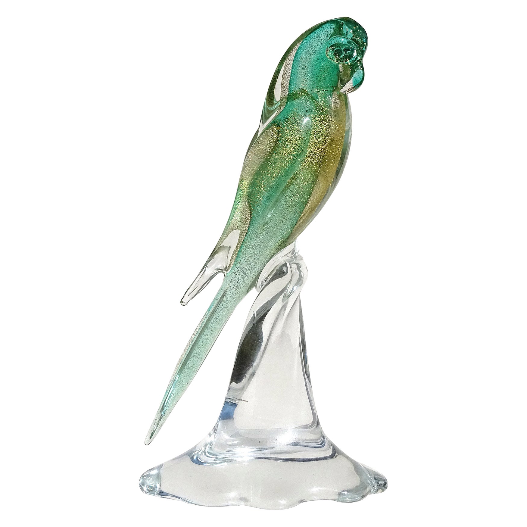 Green Murano glass bird with gold base, c.1950 at 1stDibs