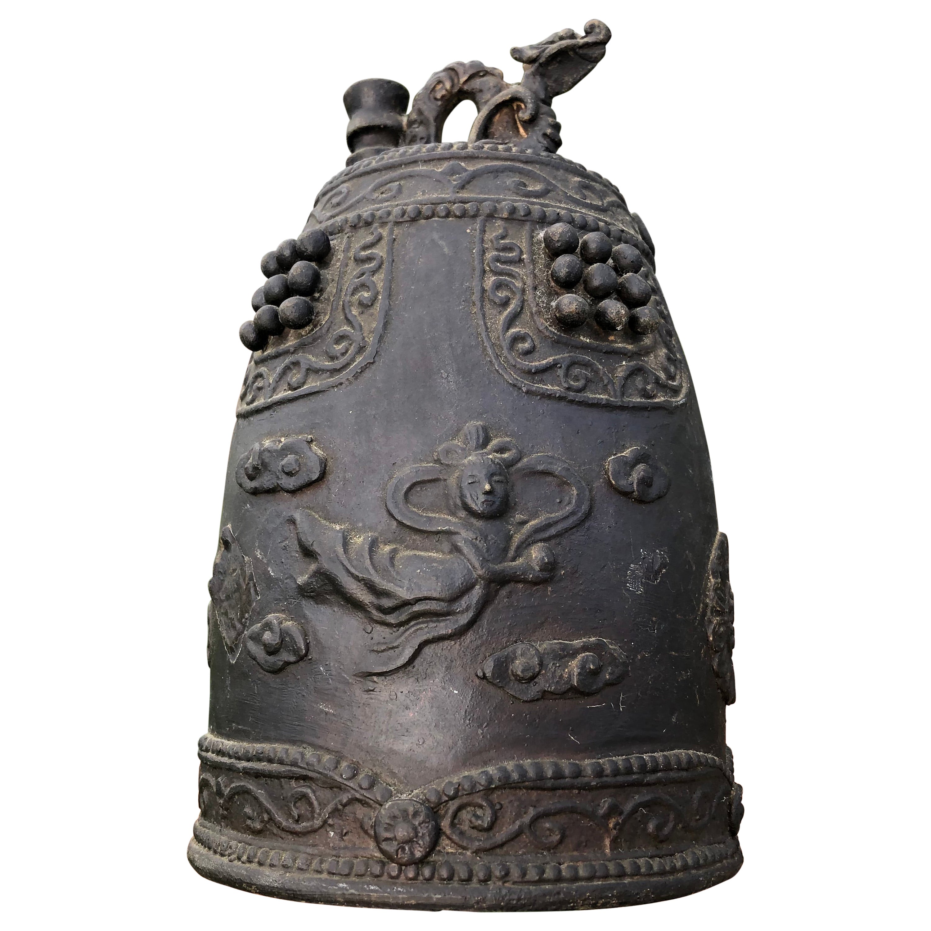 Japanese Antique Pair of Hand Cast Big Bronze Temple Bells with "Cloud ...