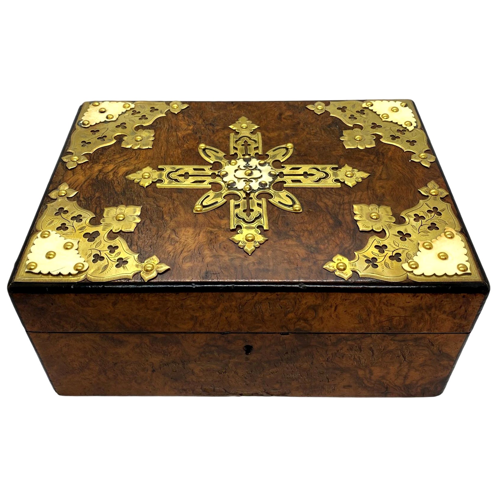 1880s English Brass Gothic Box with Handle For Sale at 1stDibs