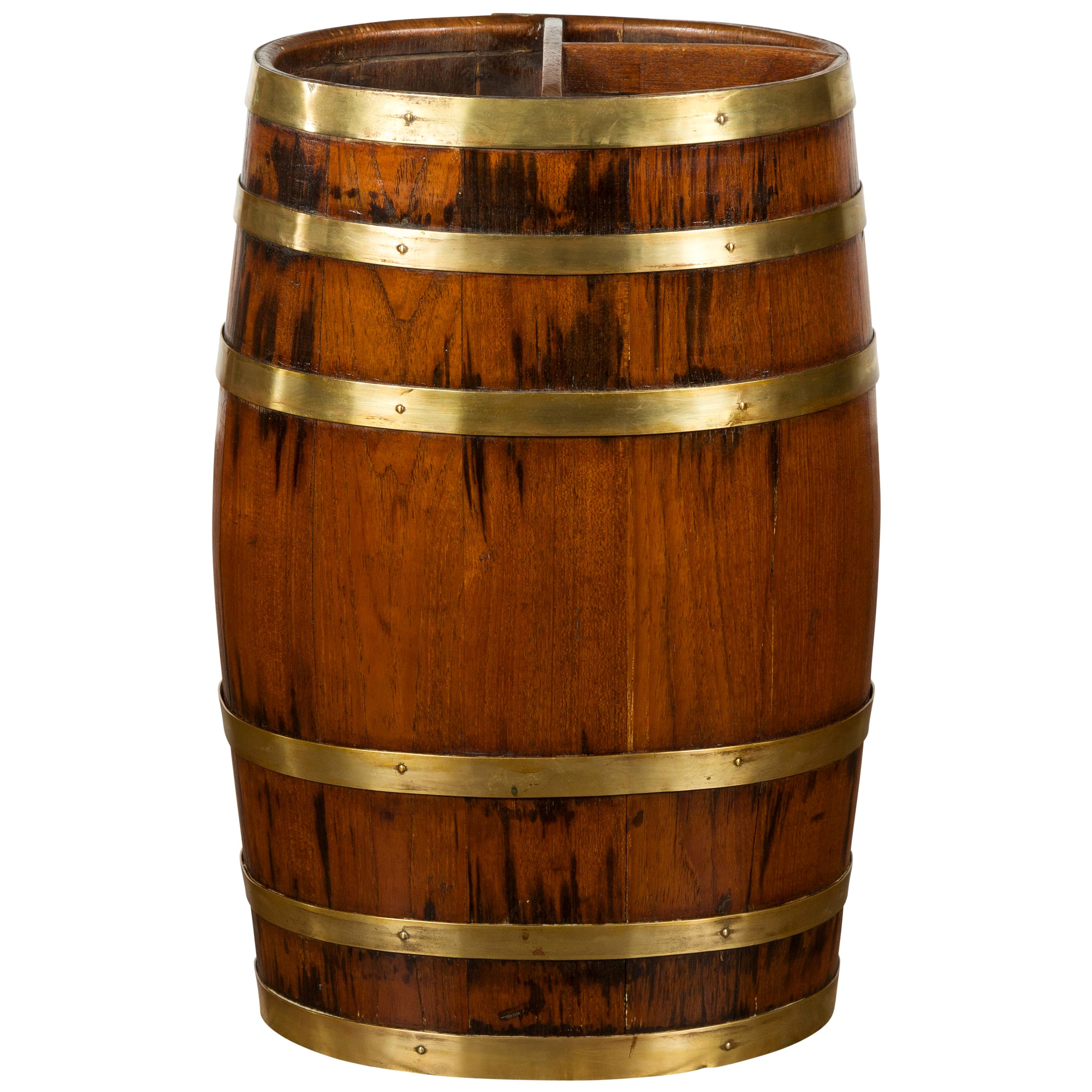 English Slender Rustic Oak Barrel with Brass Braces from the Turn of ...