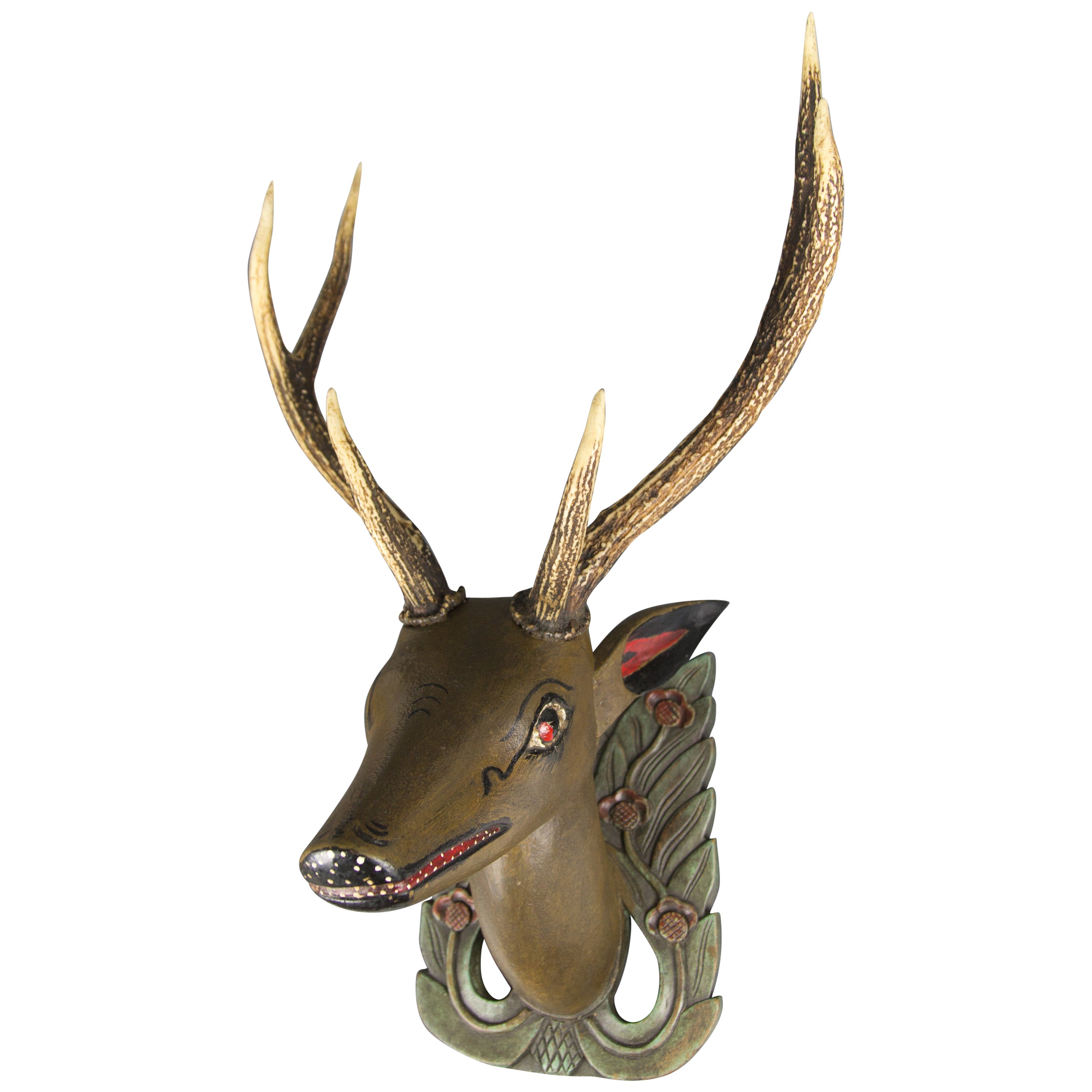 Wooden Carved Stag Head with Large Real Antlers at 1stDibs