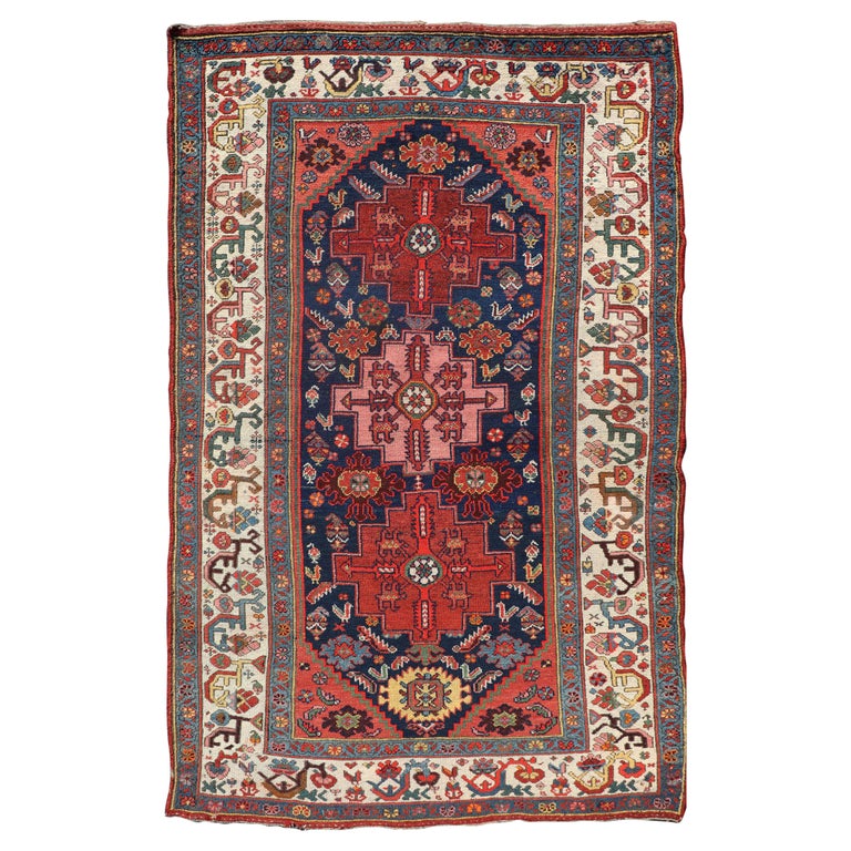 Fine Antique Persian Kurdish Rug with Medallion Design in Blue, Red ...