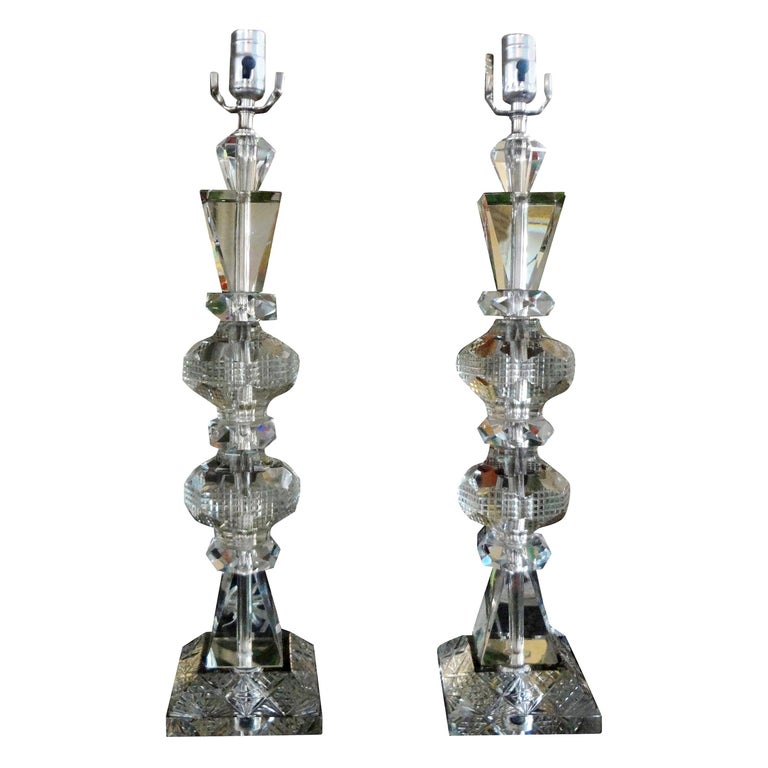 Large Pair of Geometric Cut Crystal Lamps For Sale at 1stDibs