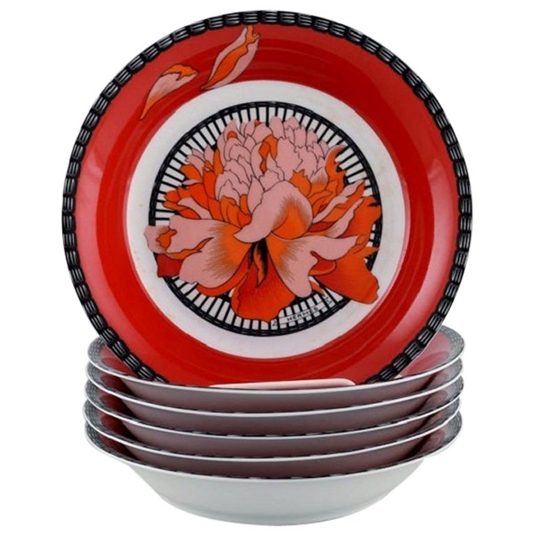 Six Hermes Porcelain Dinner Plates Decorated with Red Flowers, 1980s ...