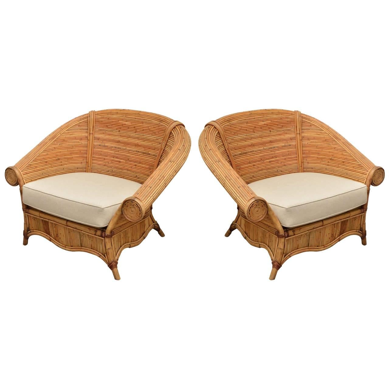 Large Pair of Rattan Chairs with Upholstered Linen Cushions at 1stDibs