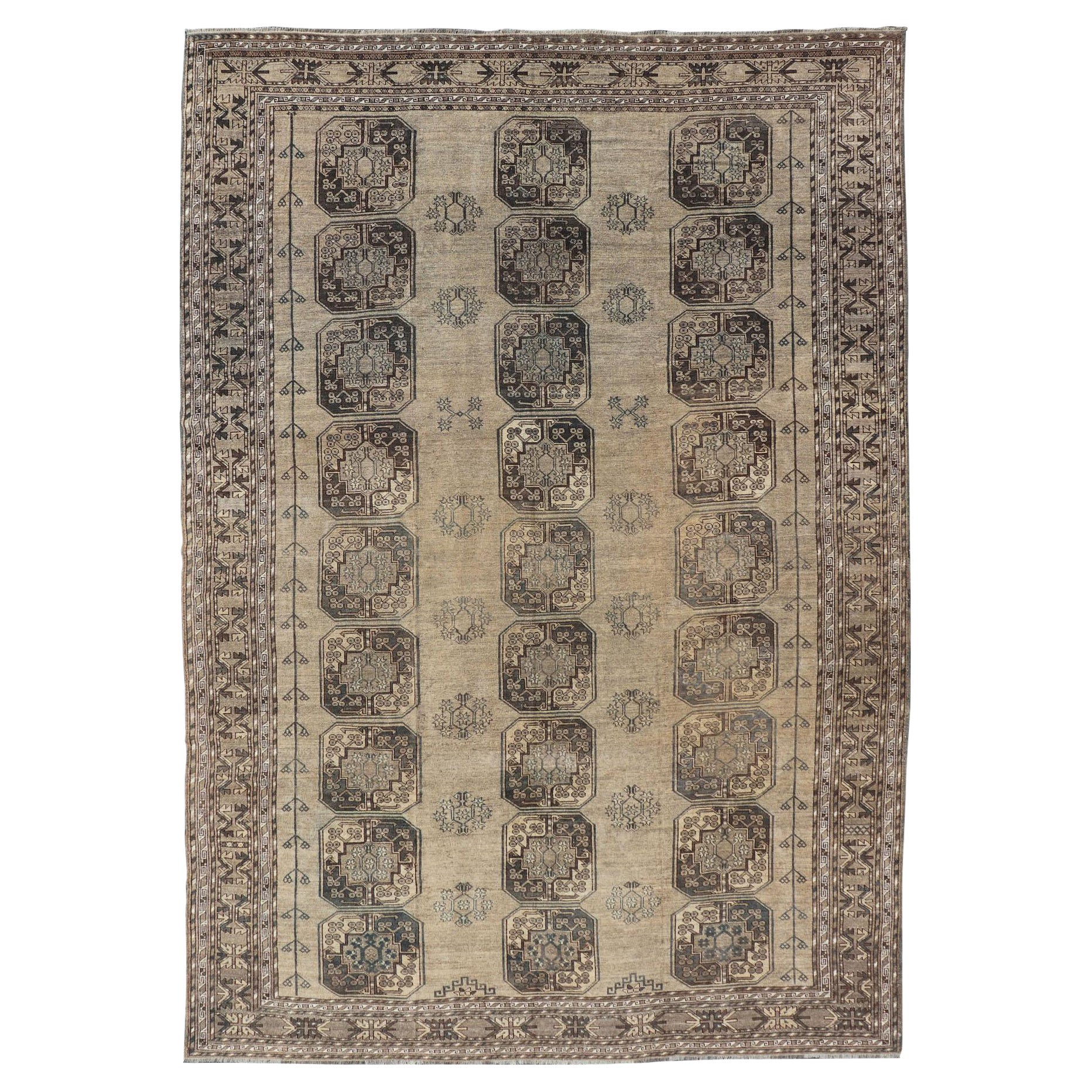 Vintage Turkomen Ersari Rug with Gul Design in Brown, Gray, Tan and ...