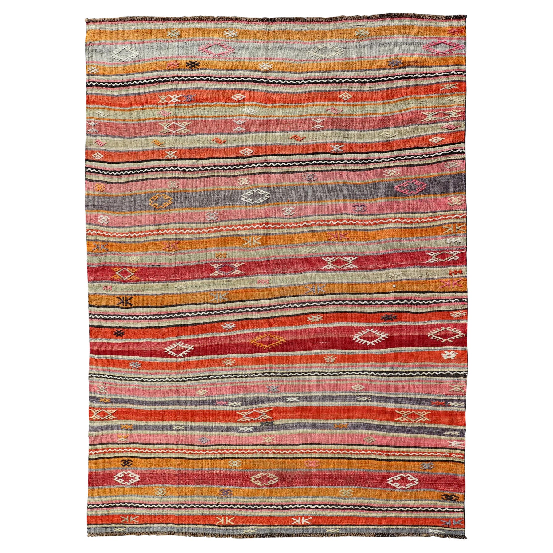 Vintage Turkish Kilim Flat-Weave Rug with Geometric Design in Red ...