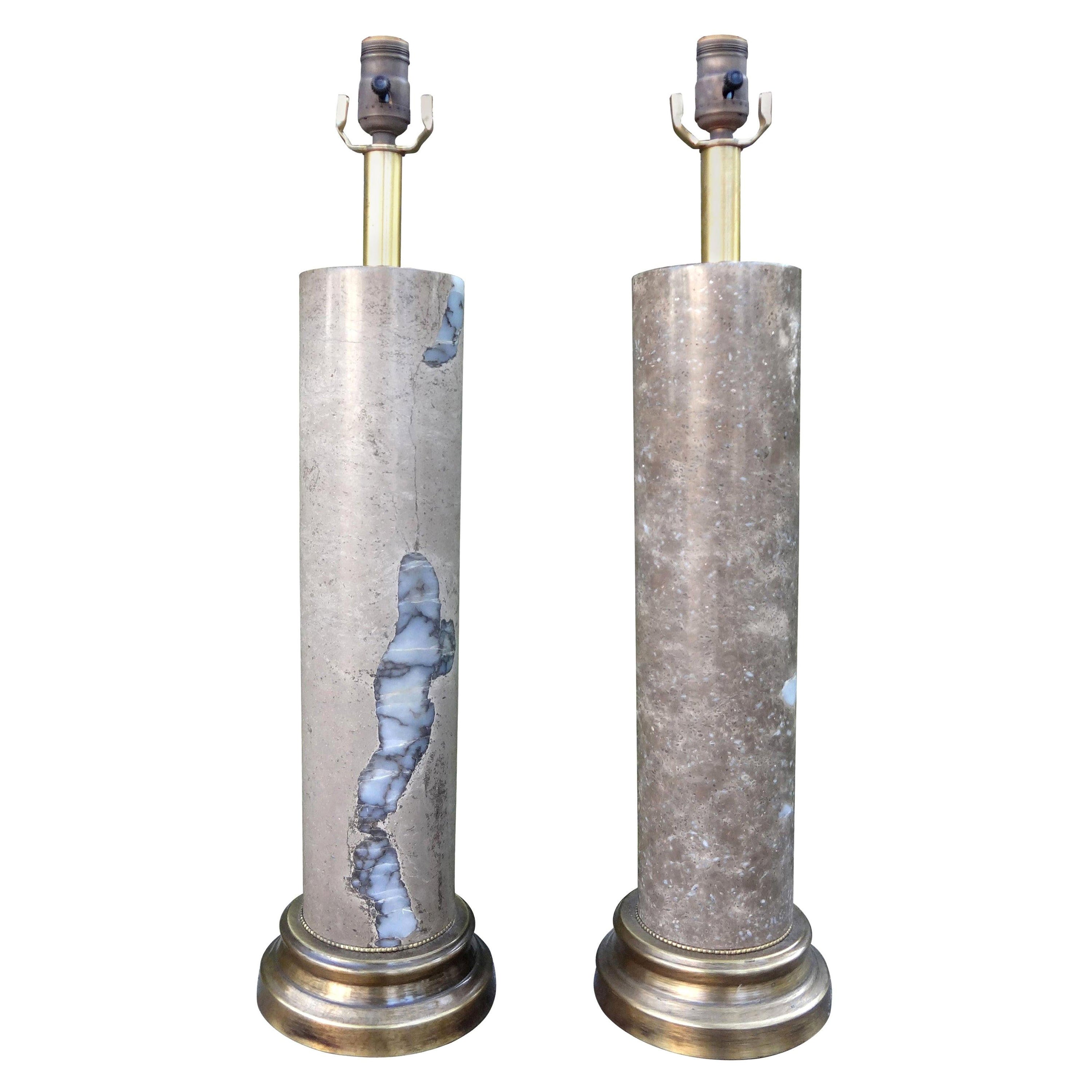 Pair of Grey Tuscan Marble Column Lamps For Sale at 1stDibs