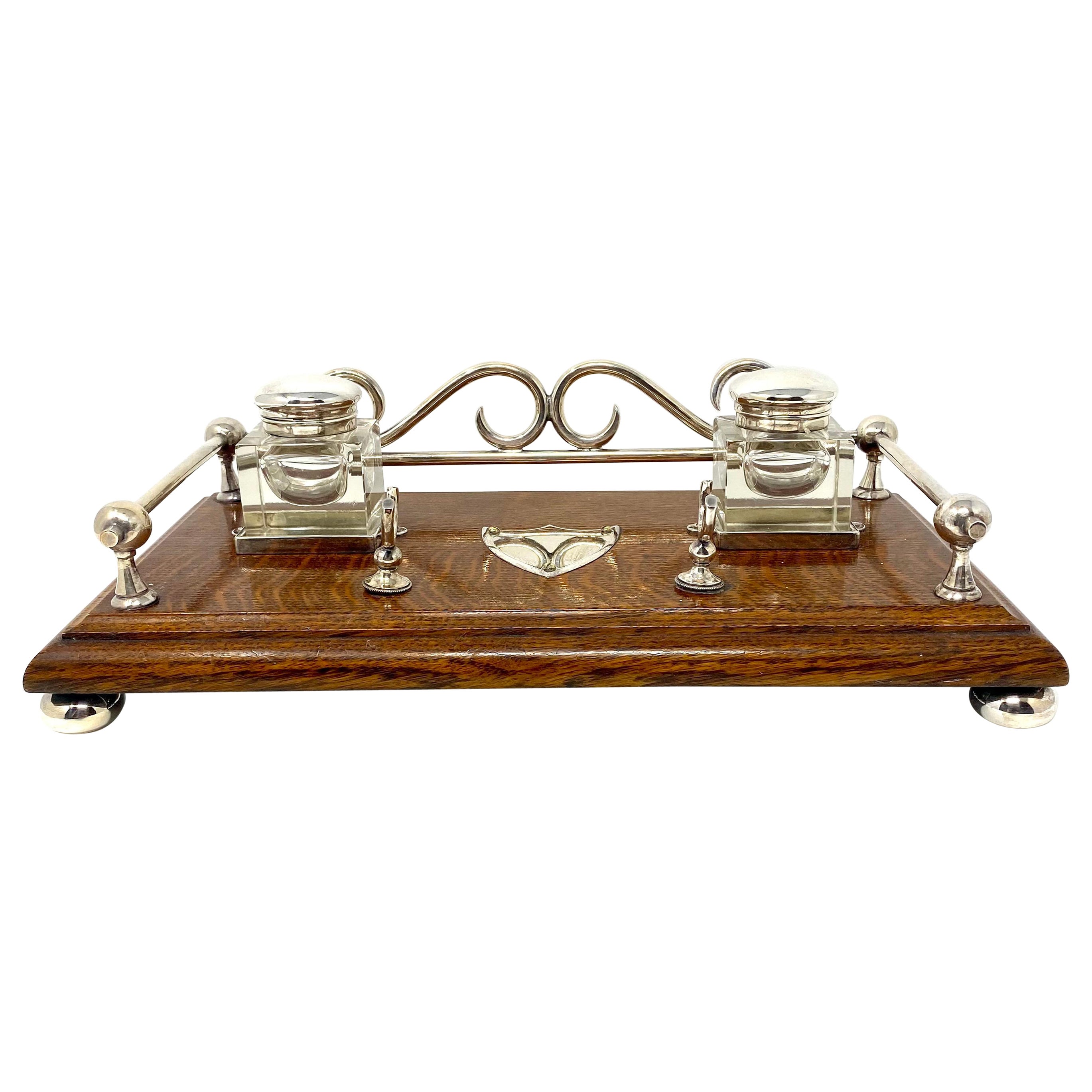 Antique Silver Plate Stag Inkwell Stand by James Deakin at 1stDibs