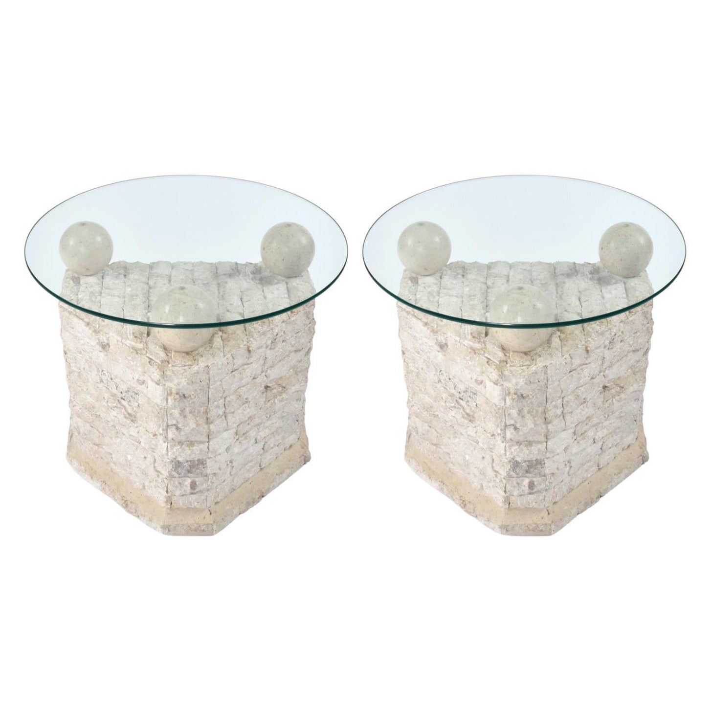 Maitland Smith Style Mactan Tessellated Stone Orb Pedestal End Tables ...