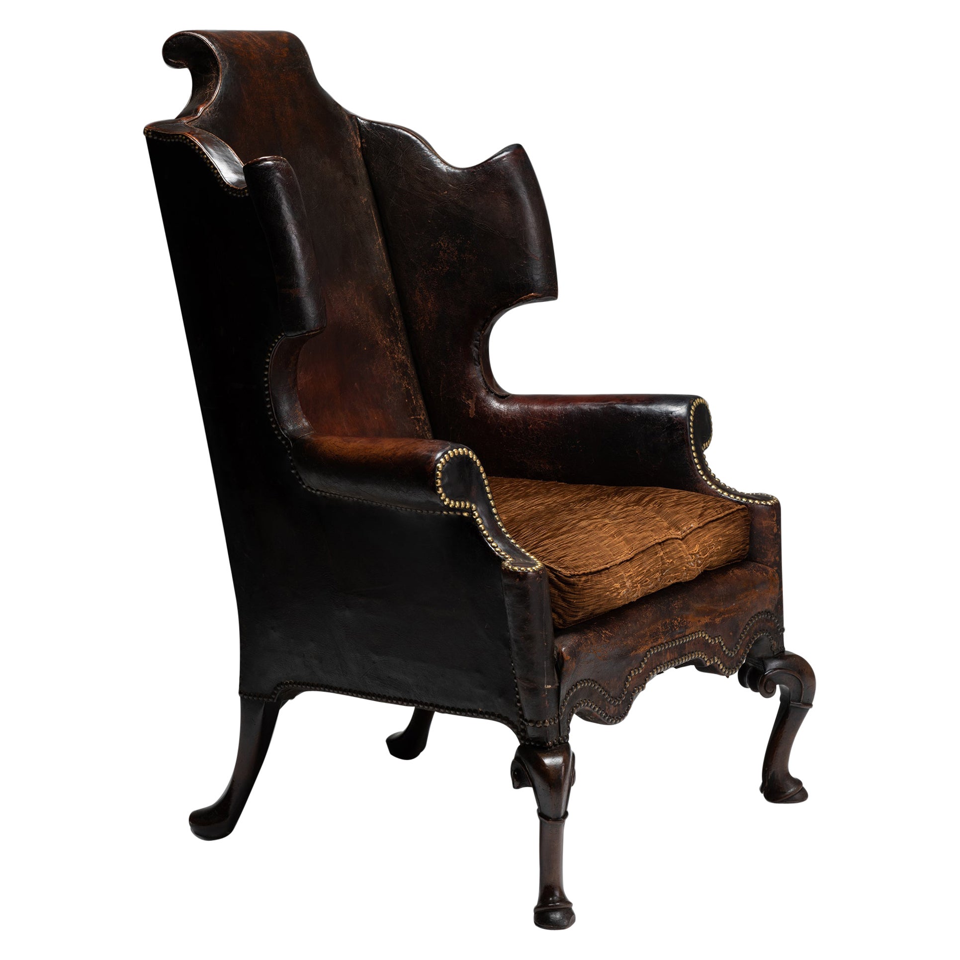 Classic Vintage Chippendale Style Black Leather Wingback Chair at 1stDibs