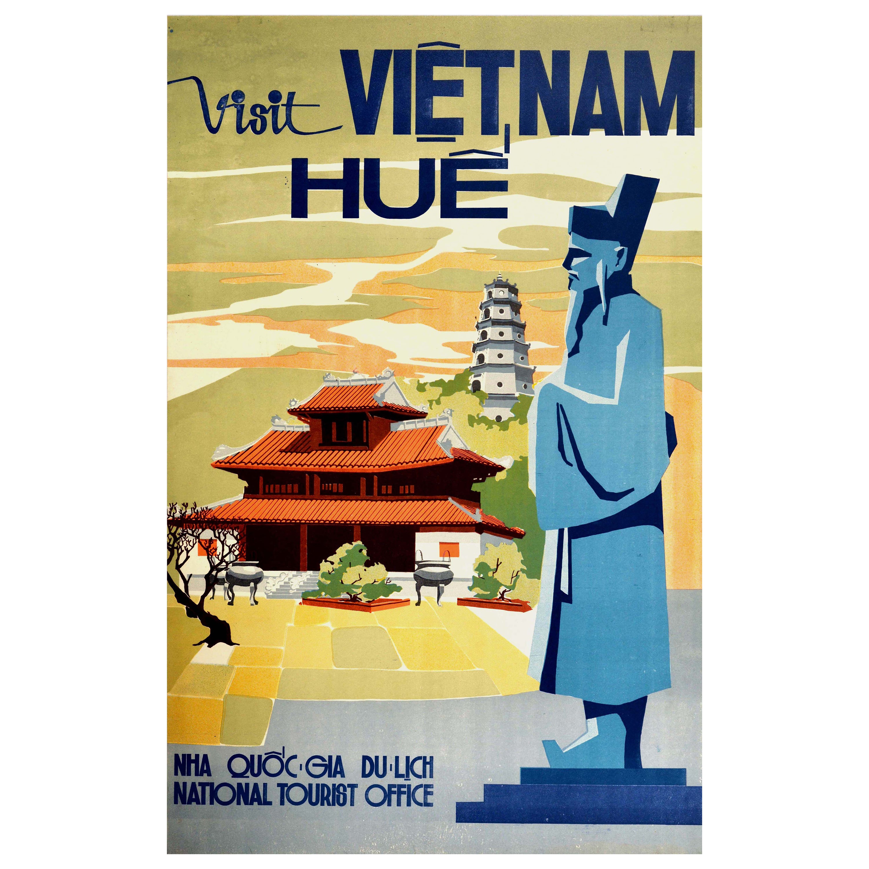 Original Vintage Poster Vietnam Nha-Trang Cam-Ranh Beach Temple Boat ...