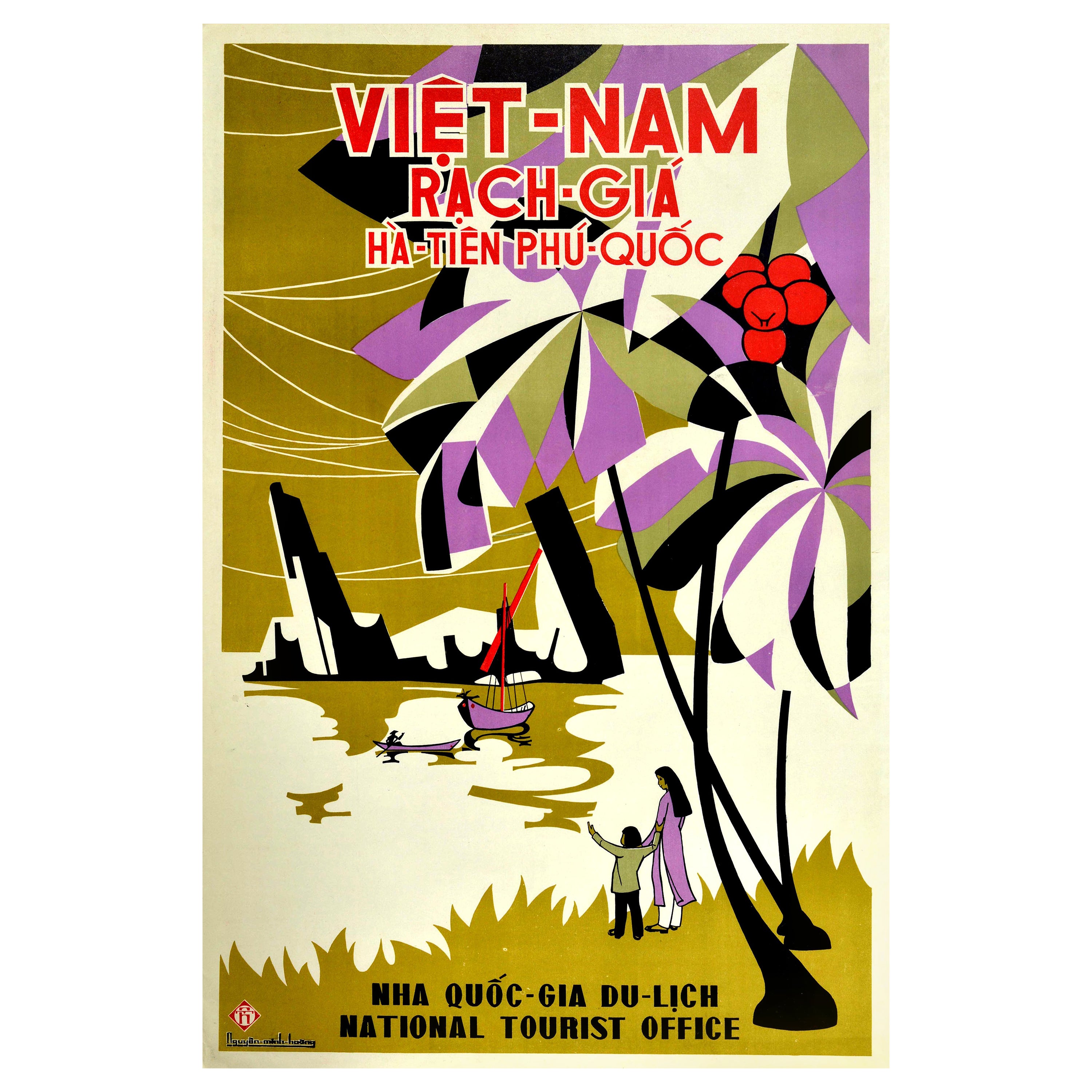Original Vintage Poster Vietnam Nha-Trang Cam-Ranh Beach Temple Boat ...