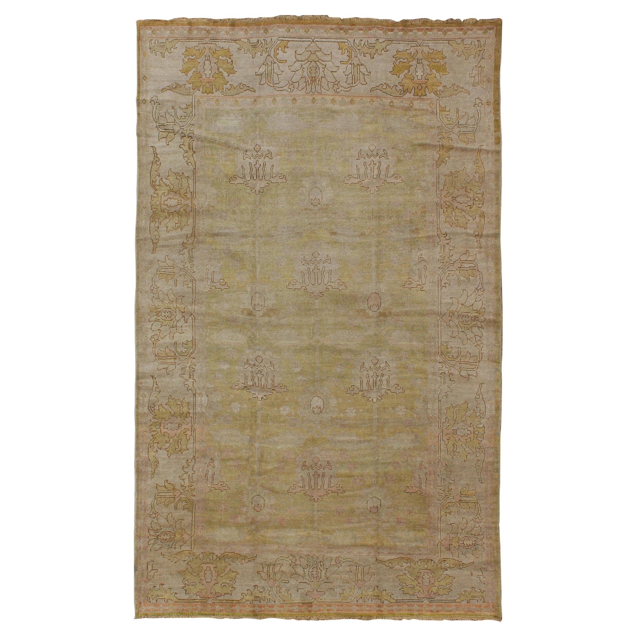 Arts and Crafts Design Vintage Rug with Light Acid Green, Blush, Pink ...