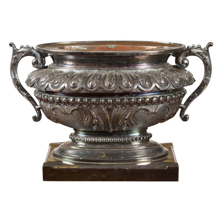 English Silver Plate Oval Cachepot with Copper Liner and Foliage Motifs ...