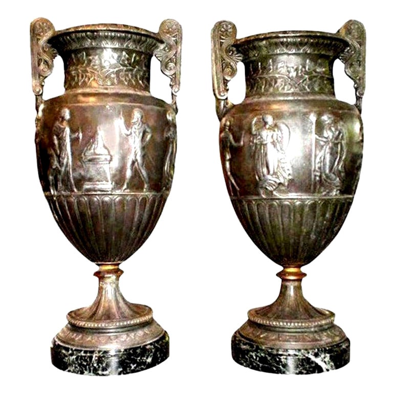 Pair of Cast Bronze Neoclassical Roman Style Urns For Sale at 1stDibs