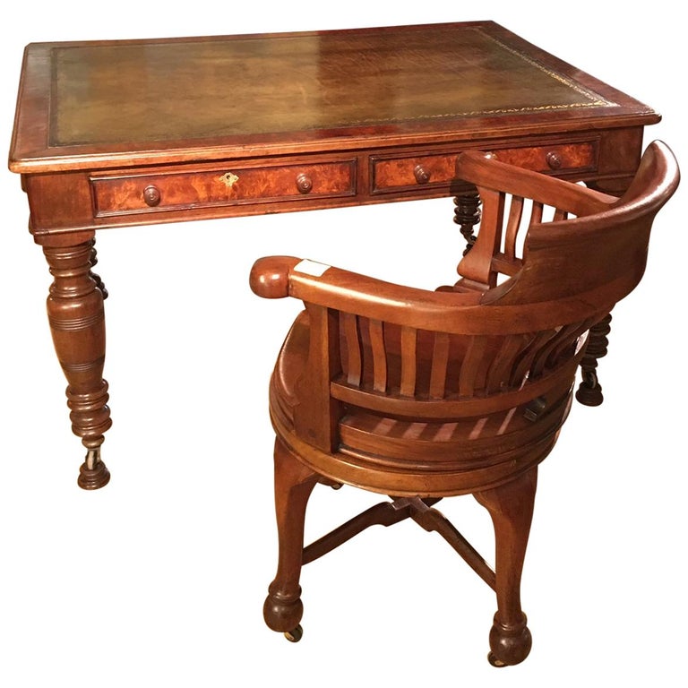 Antique Burr walnut Writing table and Desk Chair at 1stDibs