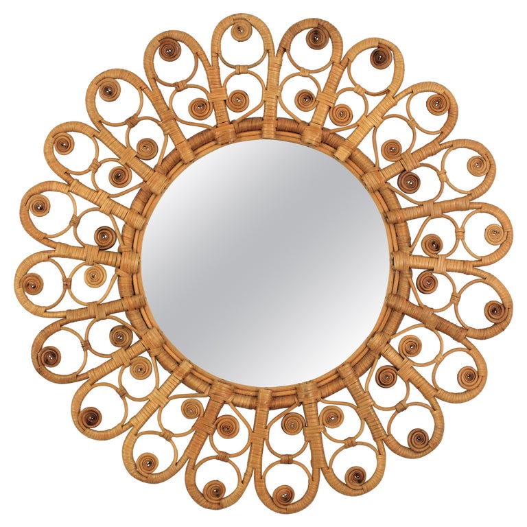 Rattan Sunburst Mirror with Filigree Peacock Frame, Spain, 1960s For ...