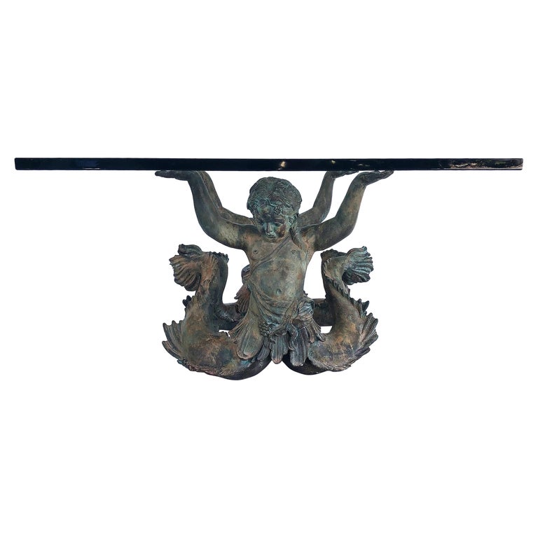 Vintage Bronze Mythical Cherub Creatures Coffee Table with Glass Top ...