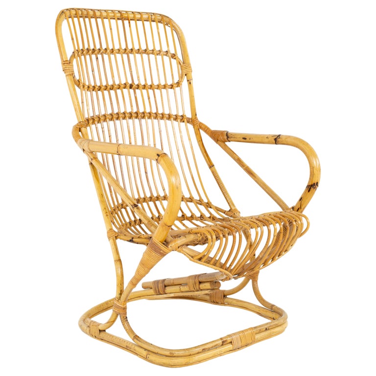 Mid Century Rattan Rocking Lounge Chair For Sale at 1stDibs