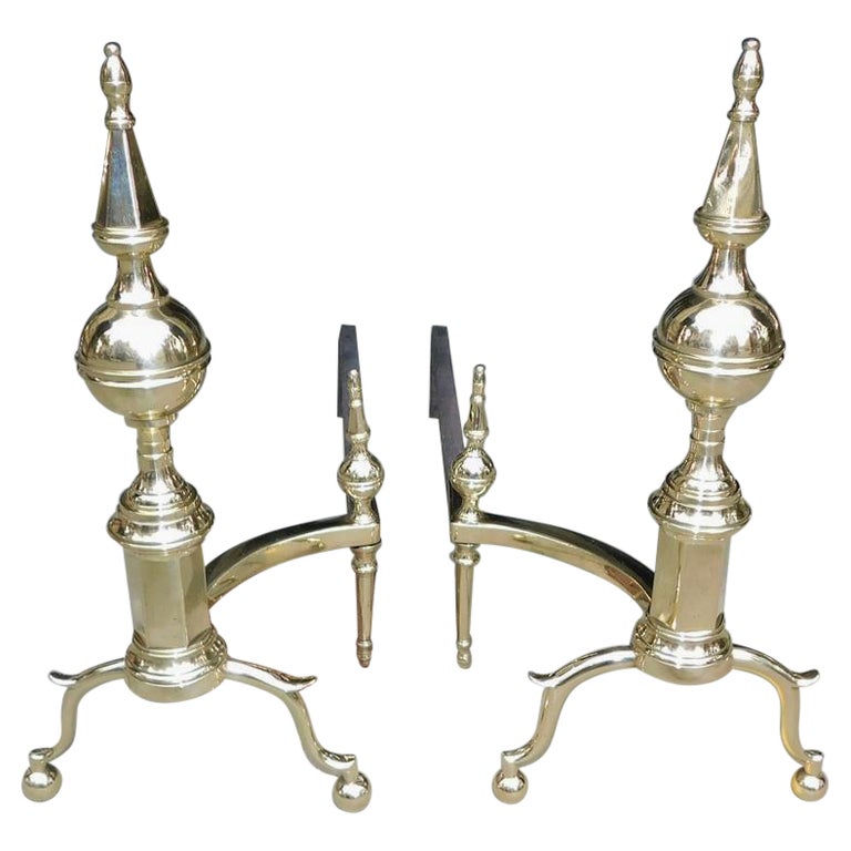 Pair of American Brass Steeple Finial Andirons with Spur Legs and Ball ...
