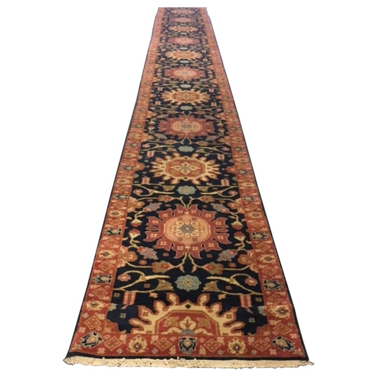 Late Long and Narrow Navy Blue Tribal Persian Style Runner Rug For Sale ...