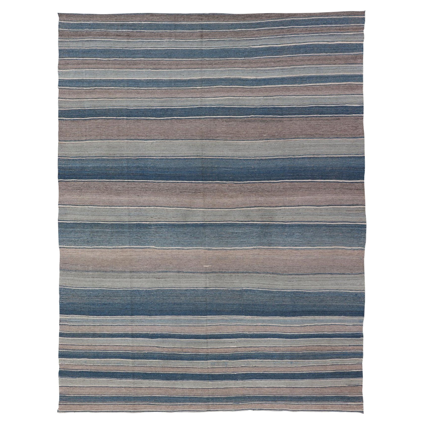 Flat-Weave Modern Kilim Rug with Stripes in Shades of Blue and Gray For ...