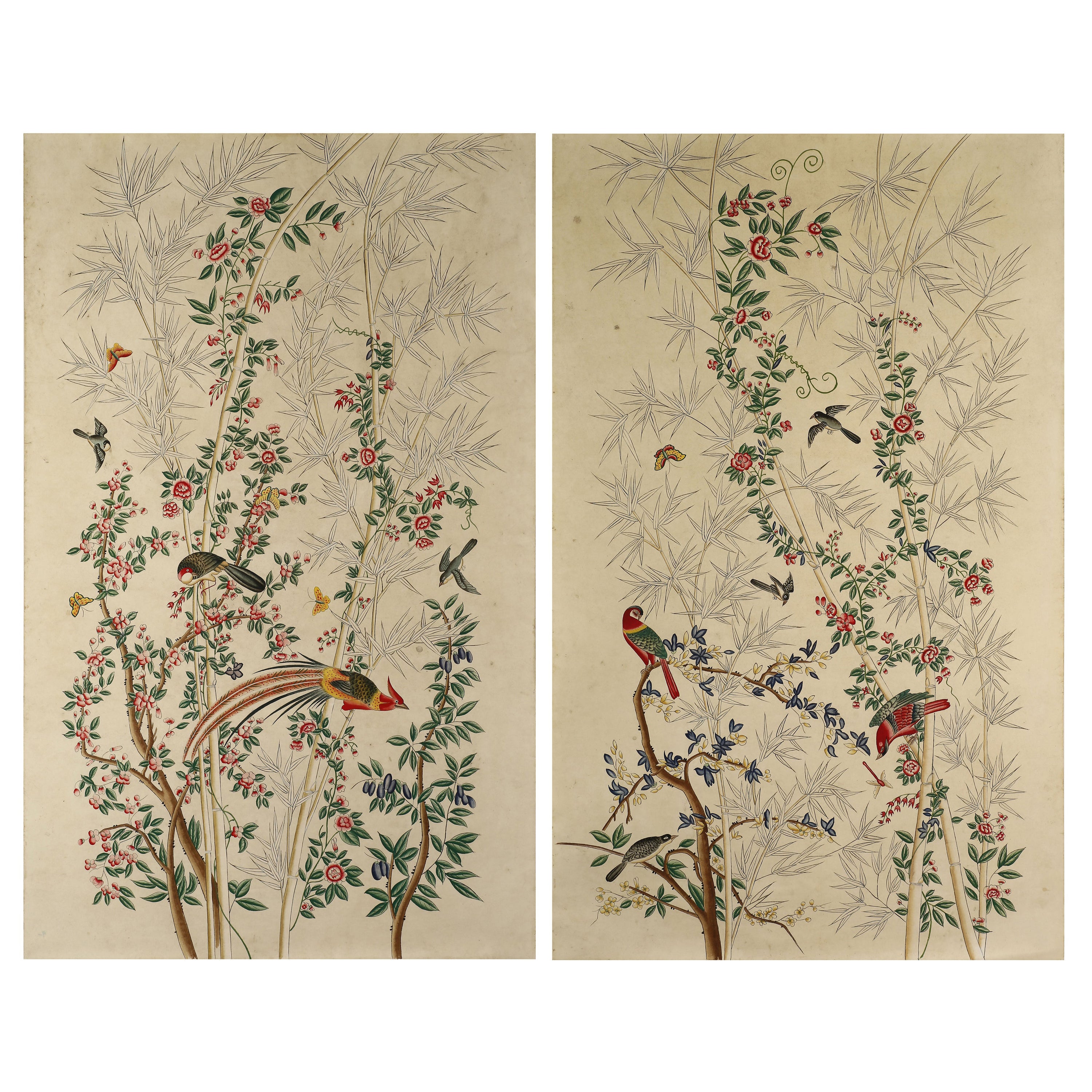 Pair of Chinoiserie Hand-Painted Paper Panels, Watercolor on Paper For ...