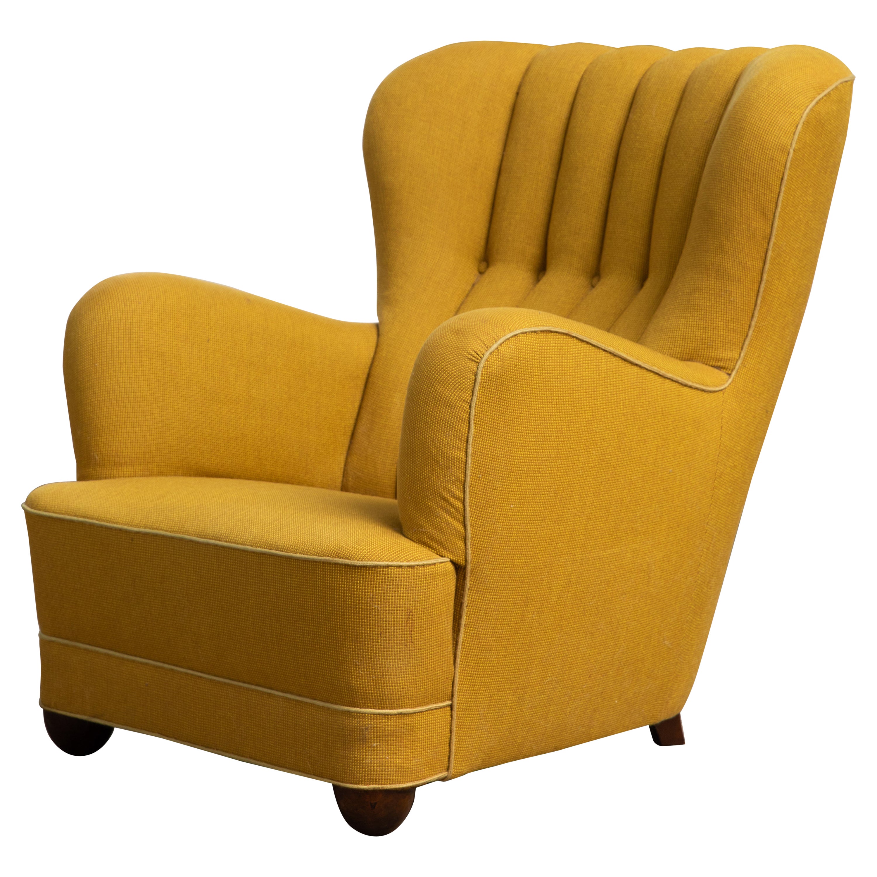 1940s Channel Back Linen Wing Chair at 1stDibs