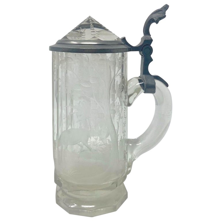 Antique German Carved Crystal and Pewter 1/3 Liter Stein, Circa 1890's ...
