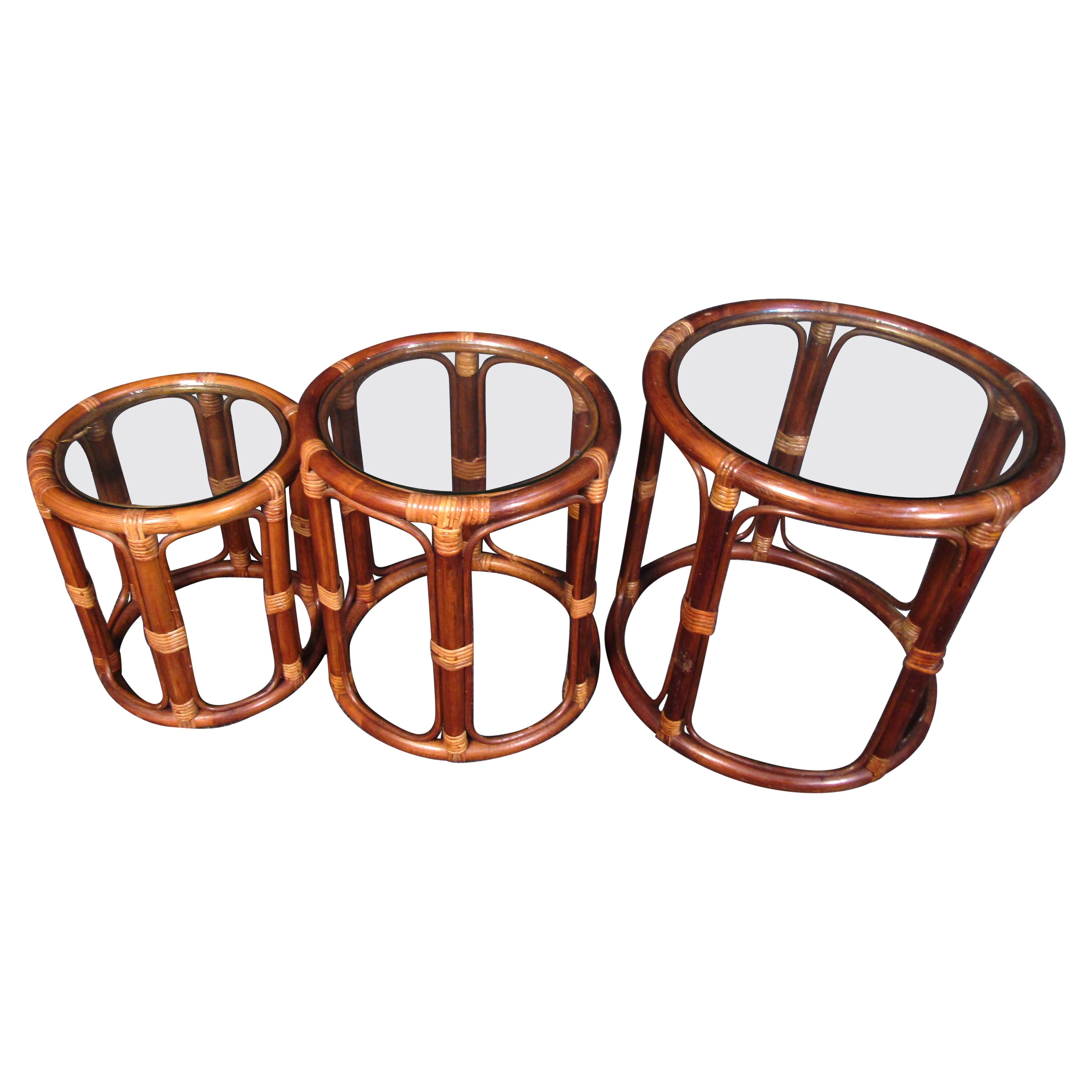 Mid-Century Modern Round Handwoven Tan Rattan / Wicker Coffee Table ...