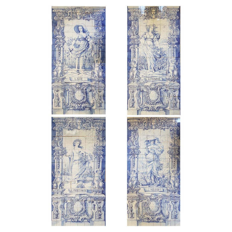 Set of Four Seasons Blue and White Tiles For Sale at 1stDibs