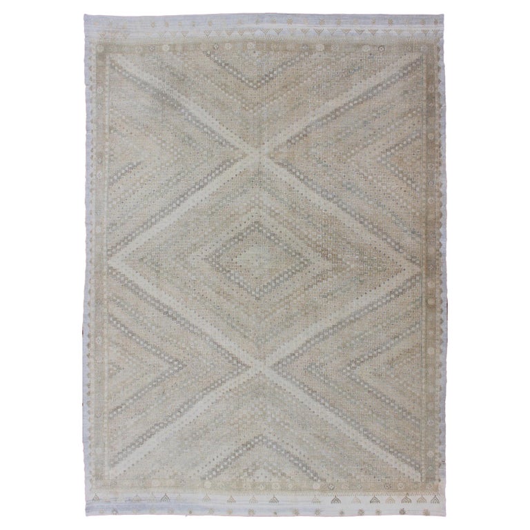 Tan, Taupe, Gray Vintage Turkish Embroidered Rug with Geometric Diamond ...