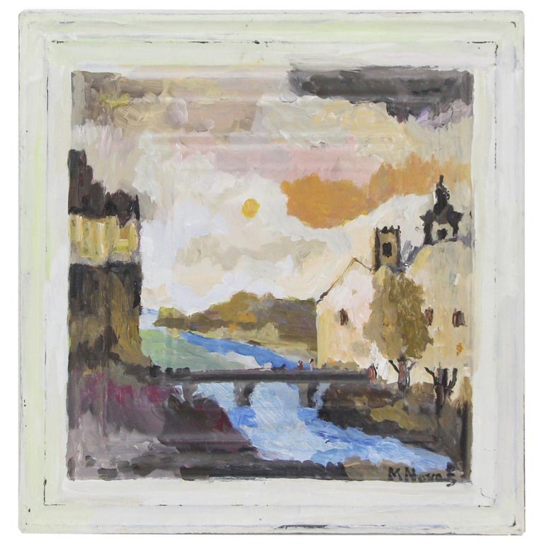 Hand-Painted Antique Tin Panel of Castle Along a River by Mladen Novak ...