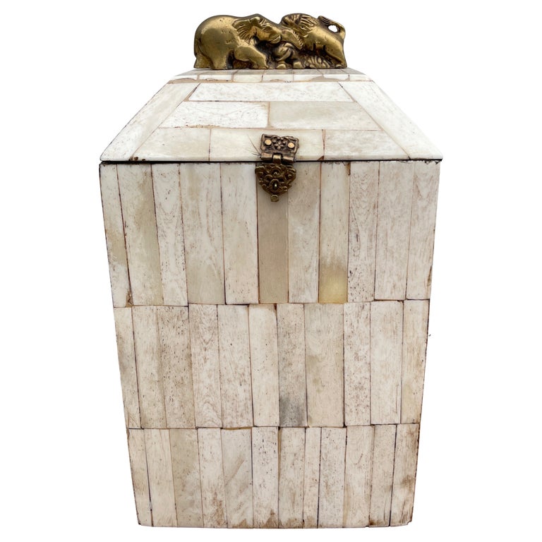 Vintage Bone Box with Elephant and Lion Handle For Sale at 1stDibs