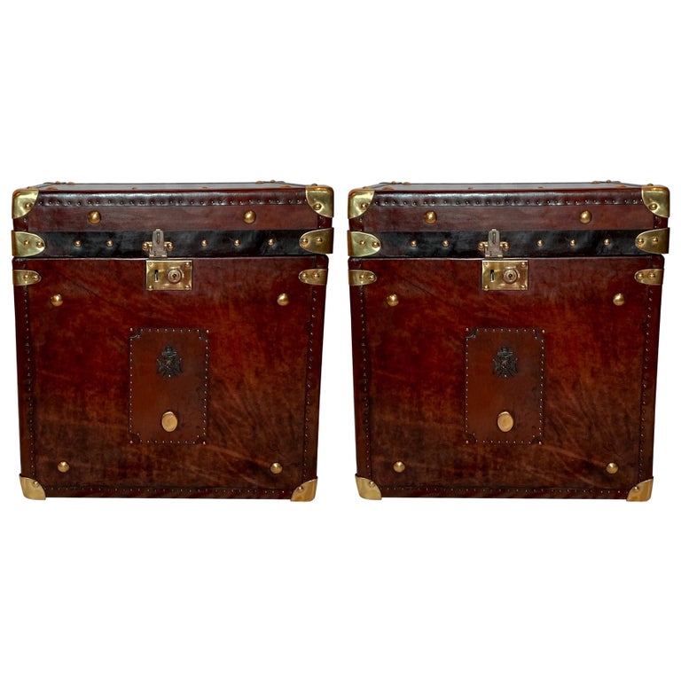 Pair Antique 19th Century British Brass Mounted Leather Military Trunks ...