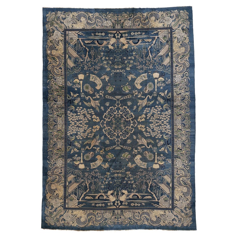 Spectacular Antique Sky Blue Indochine Rug with Cranes and Longevity ...