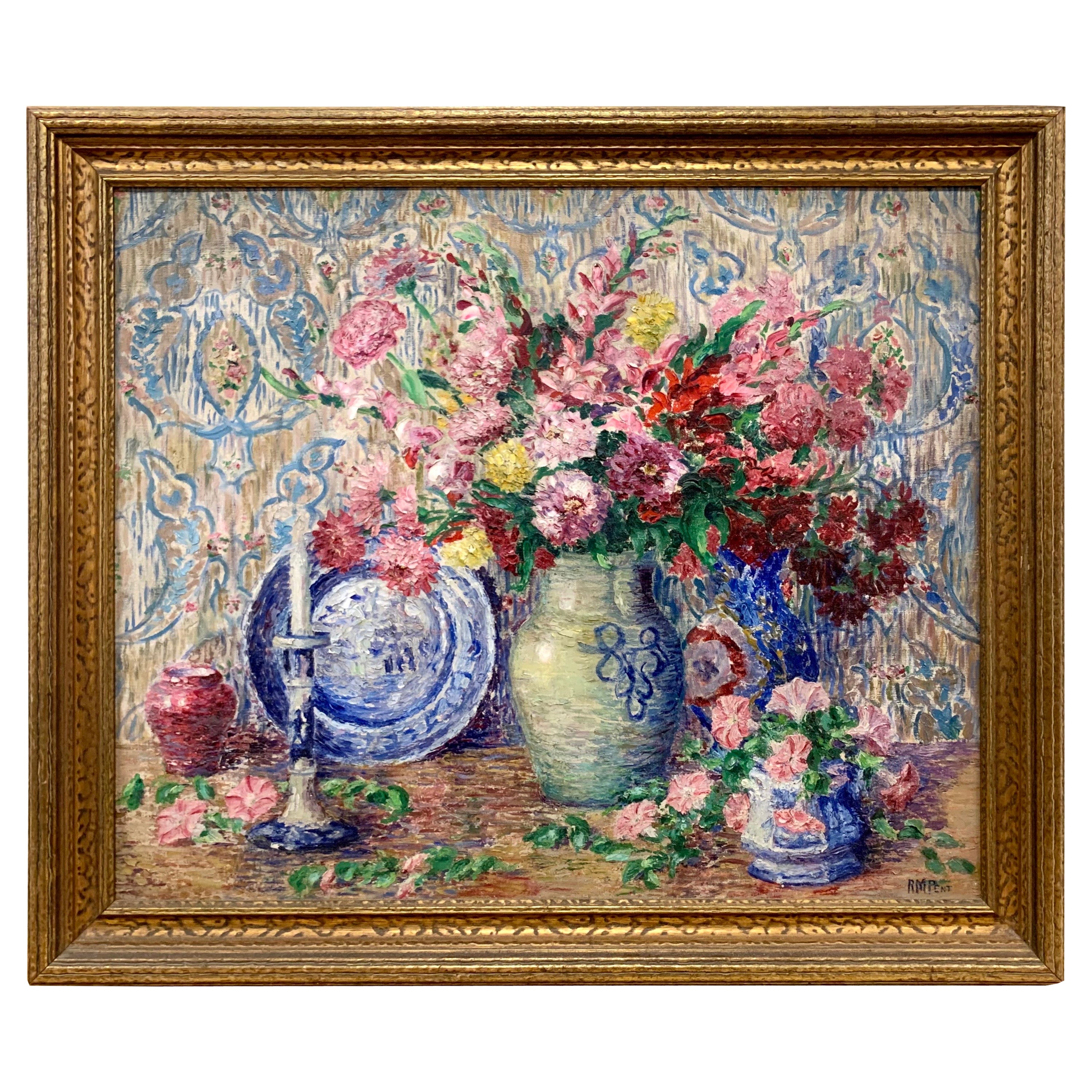 Large Antique Impressionist Floral Still Life Oil Painting Signed R.M ...