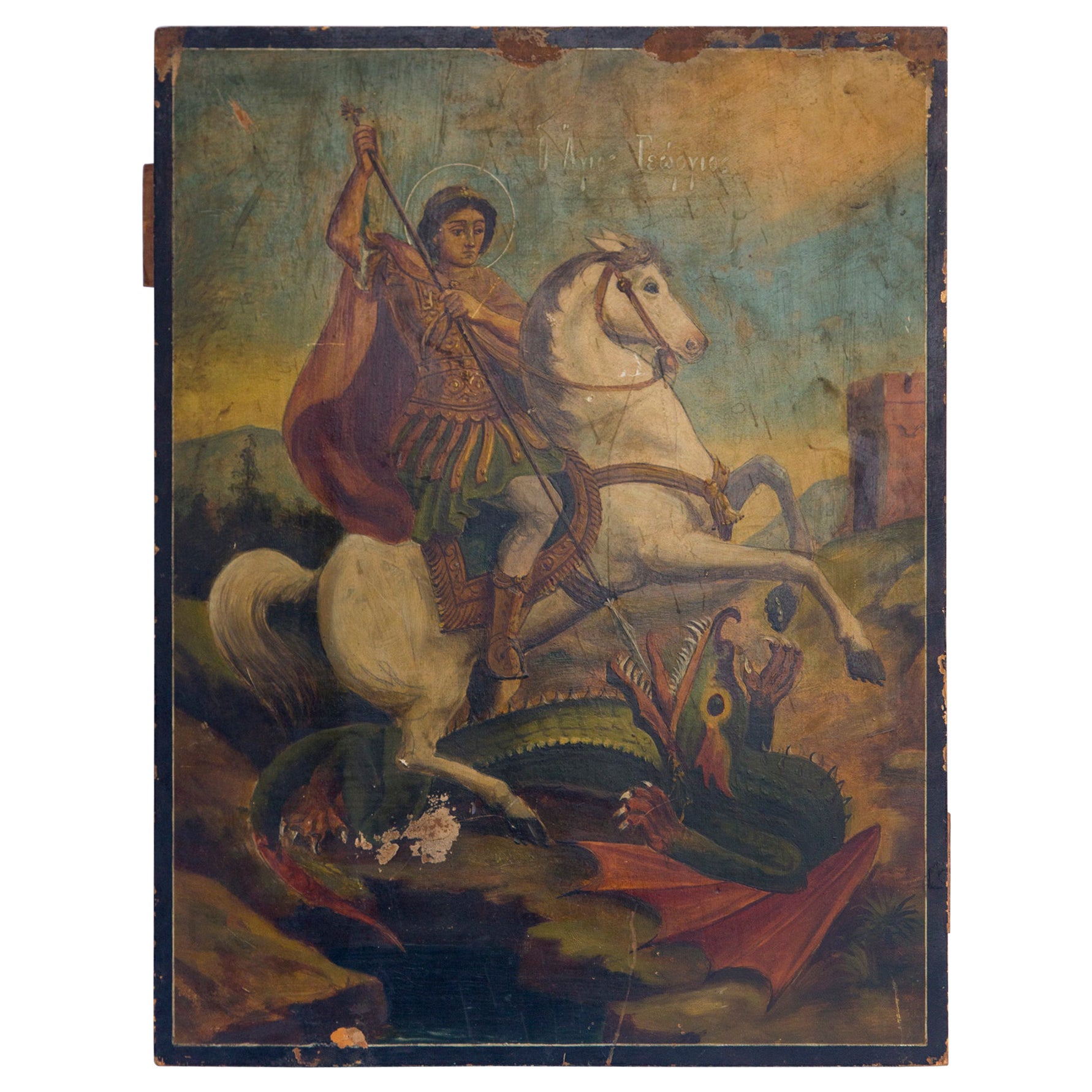 Modernist Art Deco Style Painting of St. George and the Dragon, Signed ...