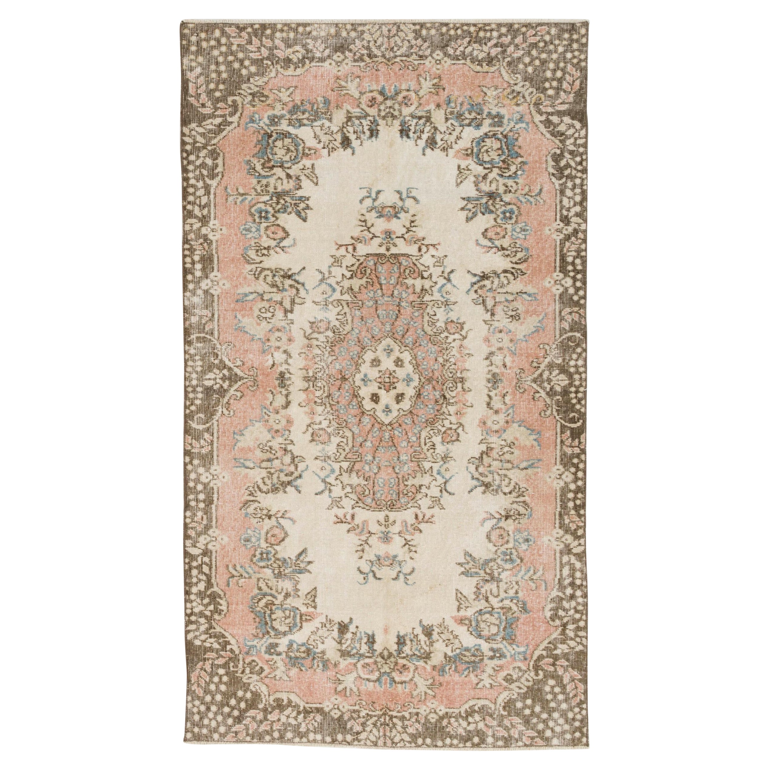 Vintage Hand-Knotted Turkish Accent Rug with Floral Medallion Design ...