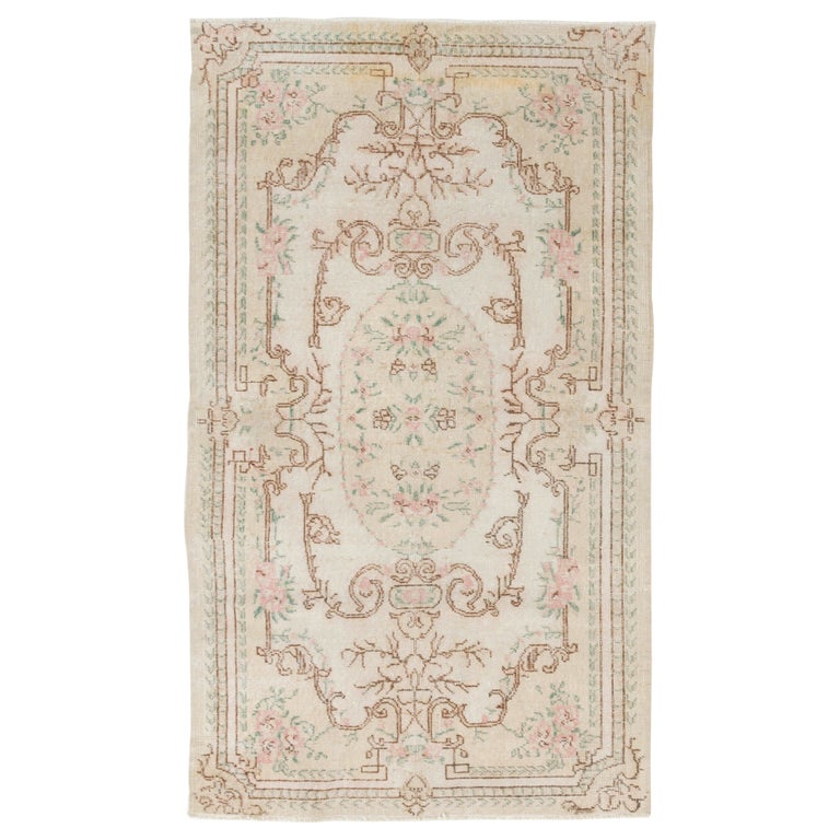 Mid-Century Aubusson Inspired Turkish Handmade Rug in Yellow, Pink at ...