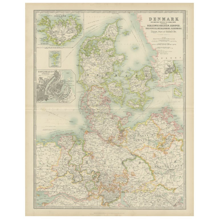 Antique Map of Denmark by Johnston '1909' For Sale at 1stDibs