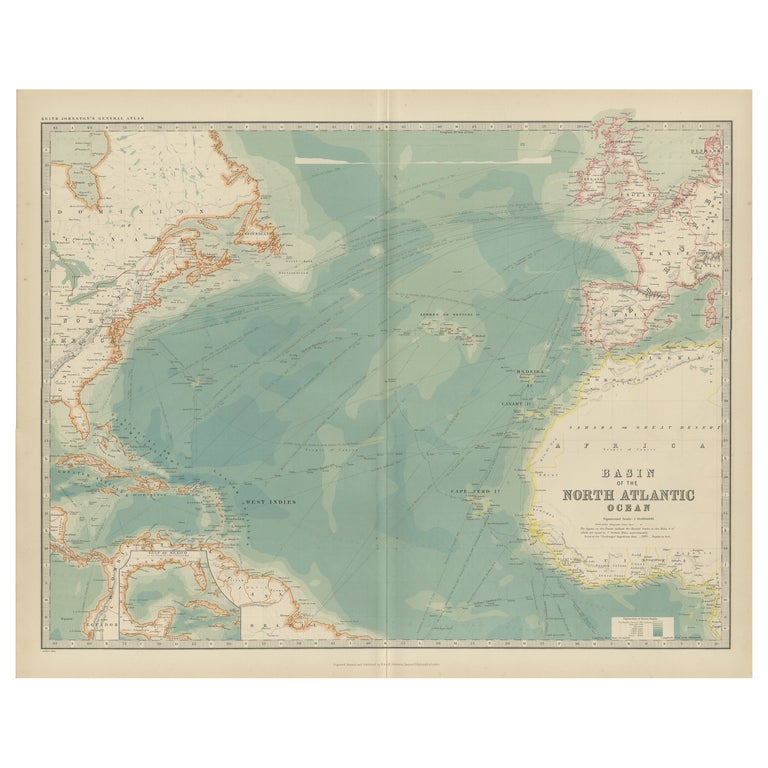 Antique Map of the North Atlantic Ocean by Johnston '1909' at 1stDibs