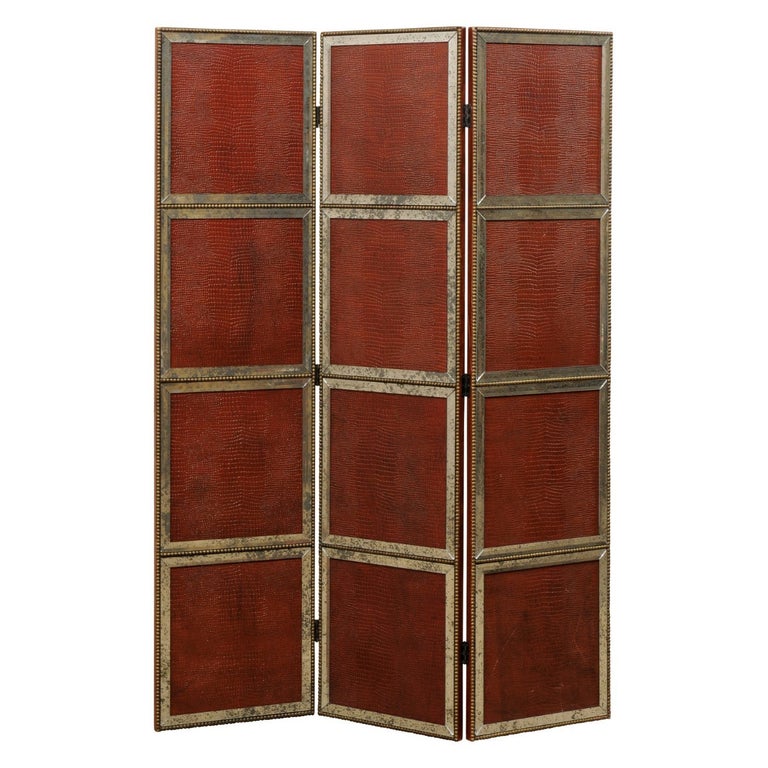 French Accordion Style Folding Screen, Textured Leather and Mirrored ...