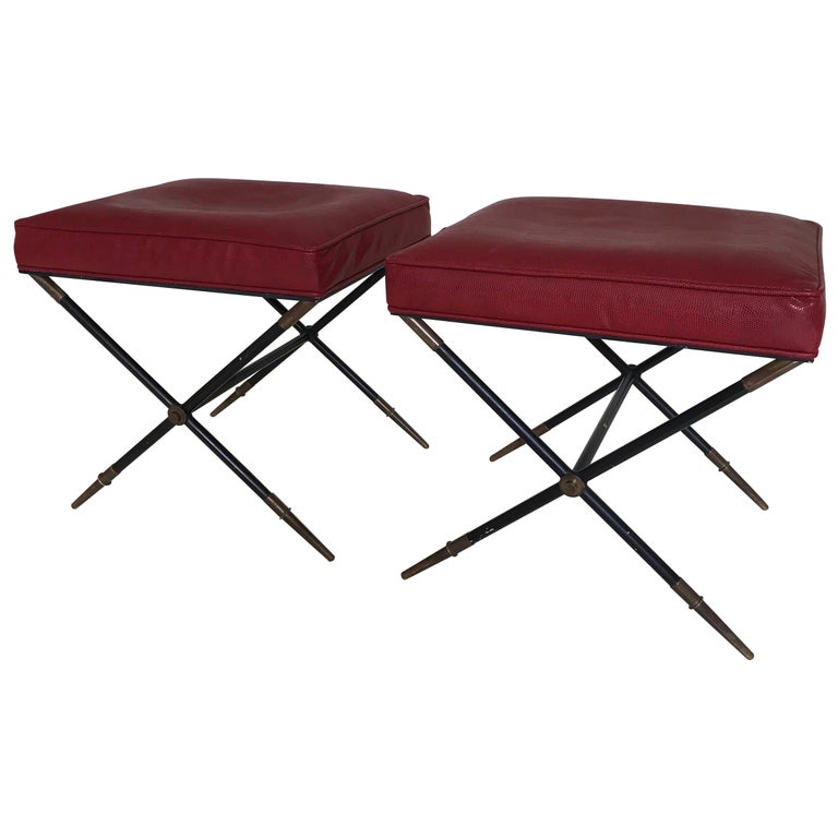 Pair of Embossed Leather X-Base Stools by Tommi Parzinger at 1stDibs