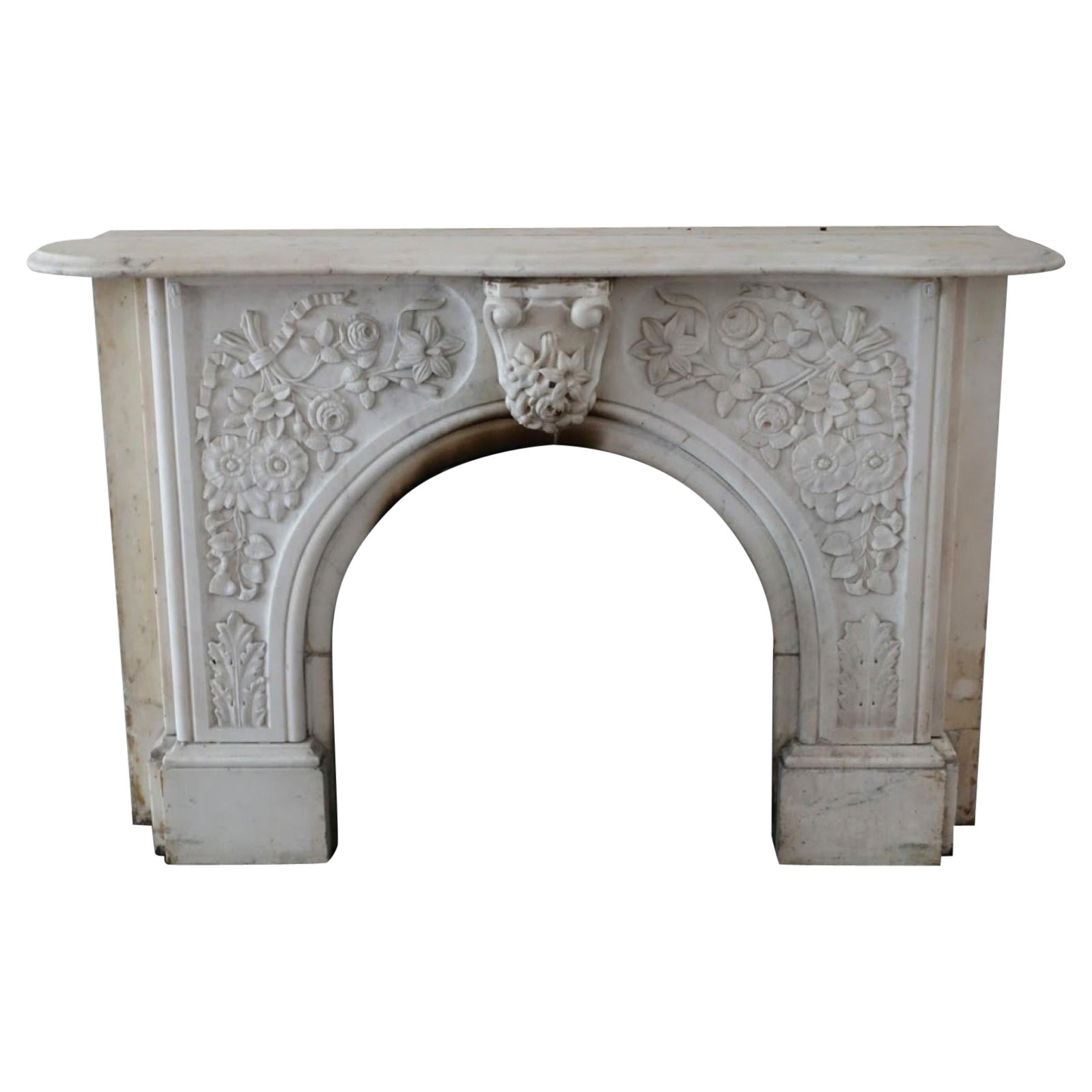 1853 Arch Mantel White Statuary Marble Hand Carved Floral and Ribbon ...