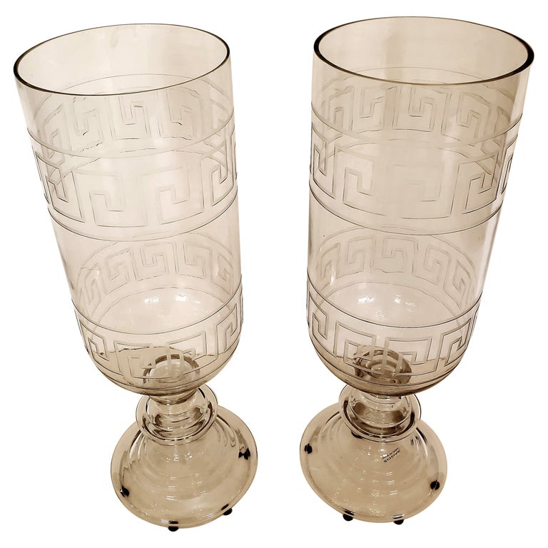 Stunning Pair of Glass Greek Key Motife Candle Holders Hurricanes at ...